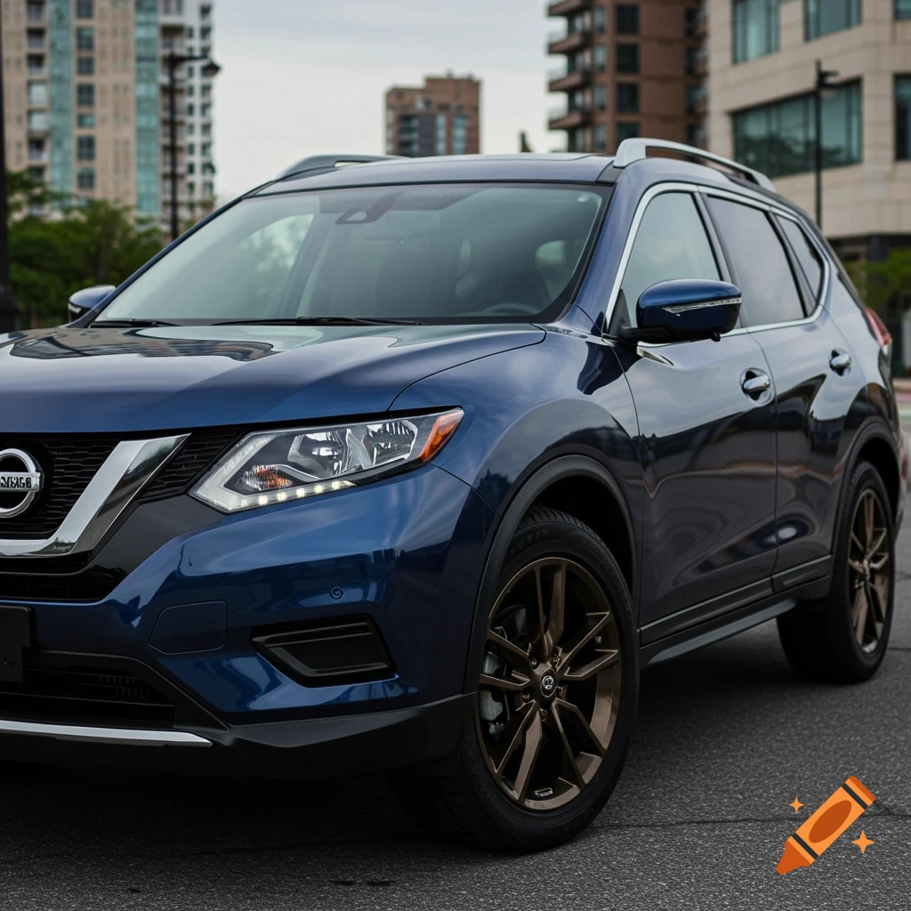Dark blue Nissan Rogue with bronze wheels parked in a city on Craiyon
