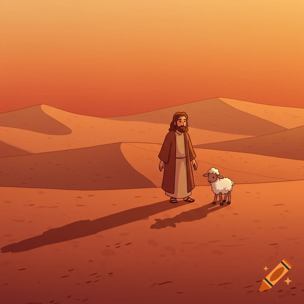 2D animation of Jesus walking with a lamb in a desert on Craiyon