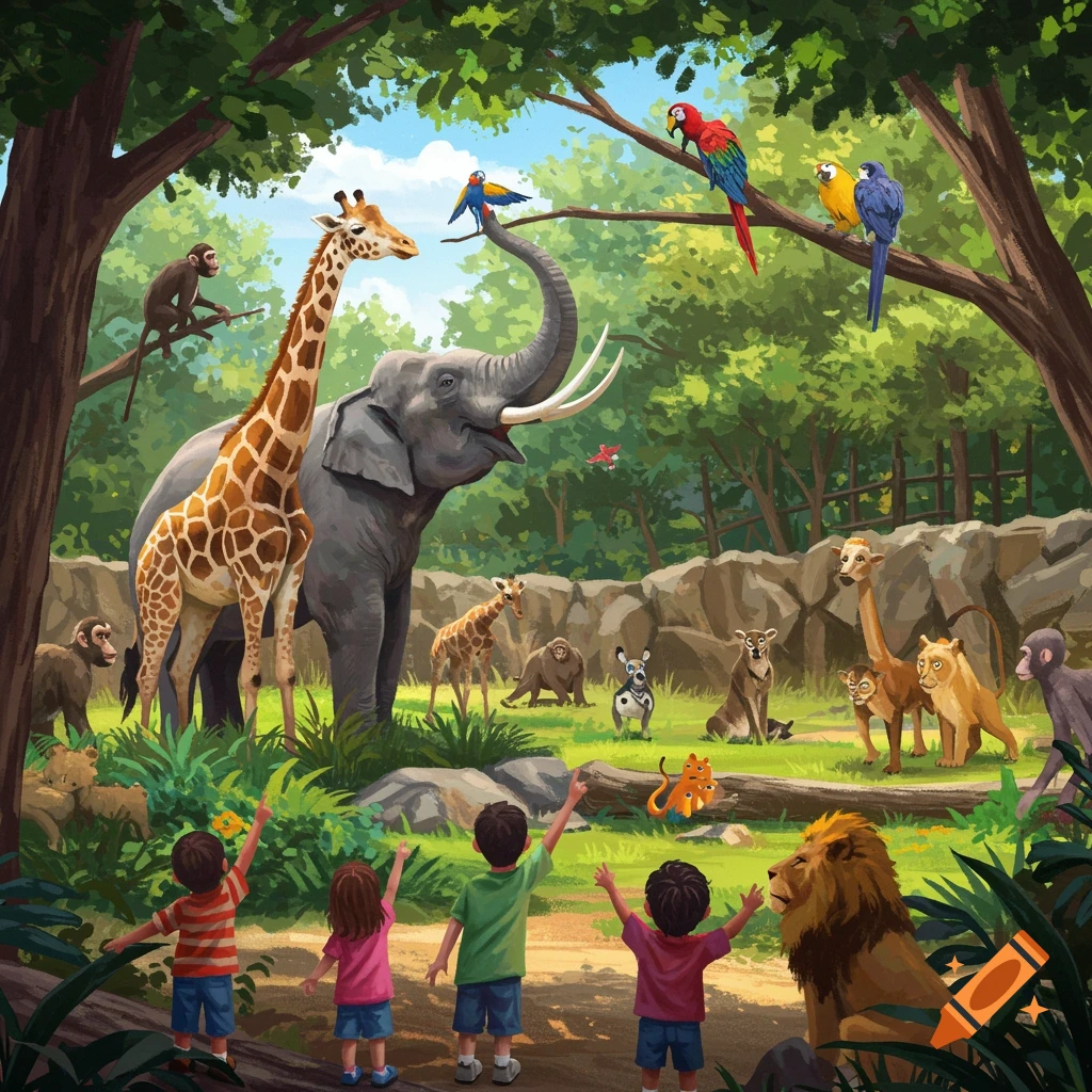 Children watching animals at a zoo. on Craiyon