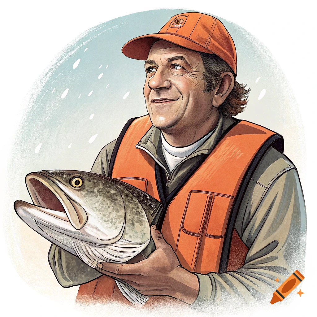 Illustration of a smiling man in a life vest and hat holding a large ...