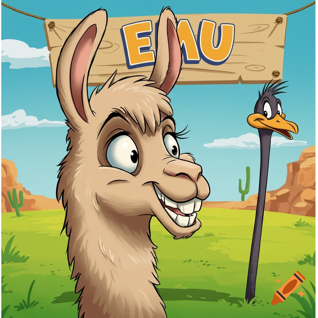 Looney Tunes-style llama with an 'emu' banner on Craiyon