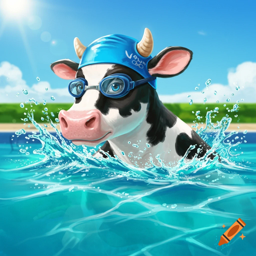 Cow Olympic swimmer with swim cap and goggles on Craiyon