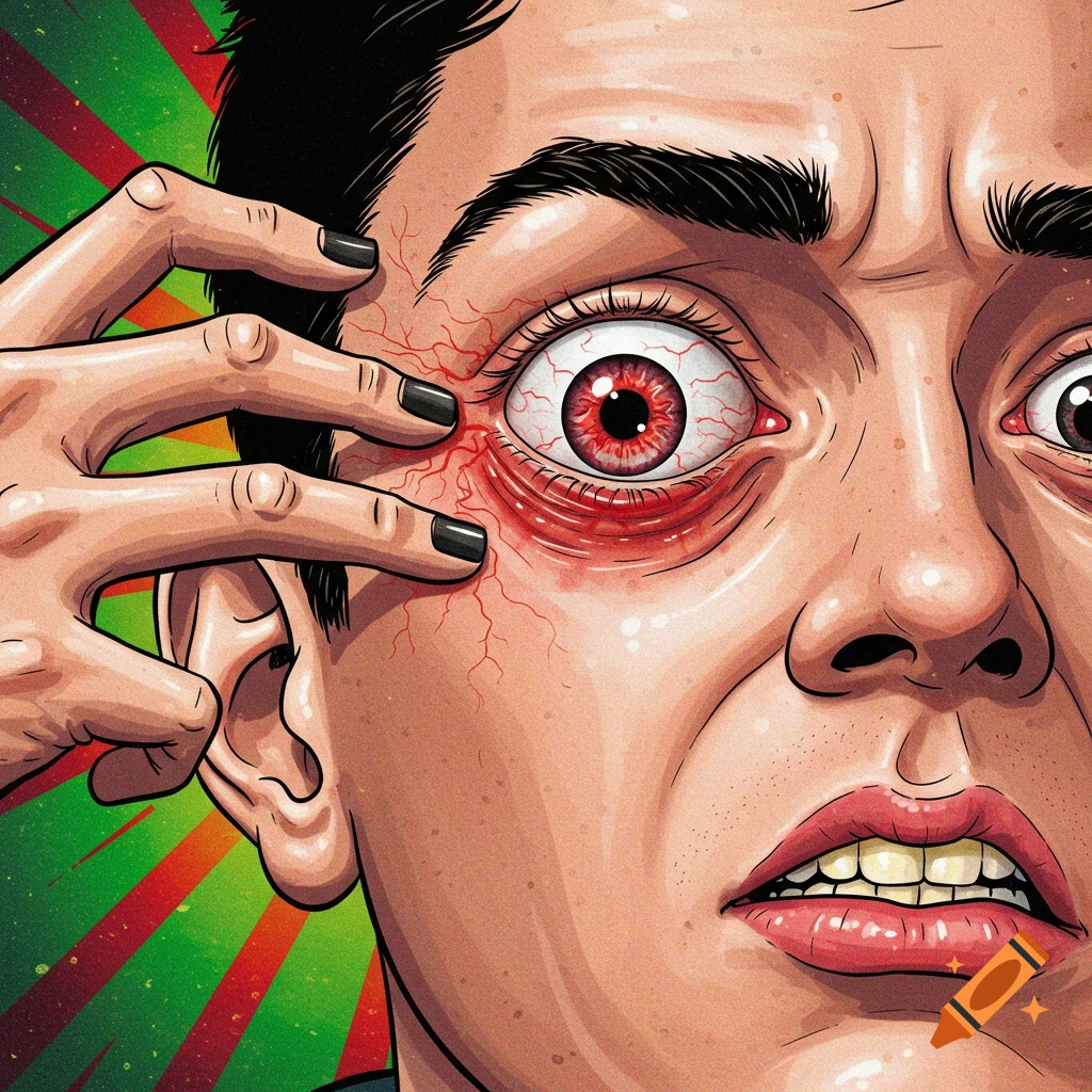 Satirical cartoon of a one-eyed young man with eye popping out of face ...