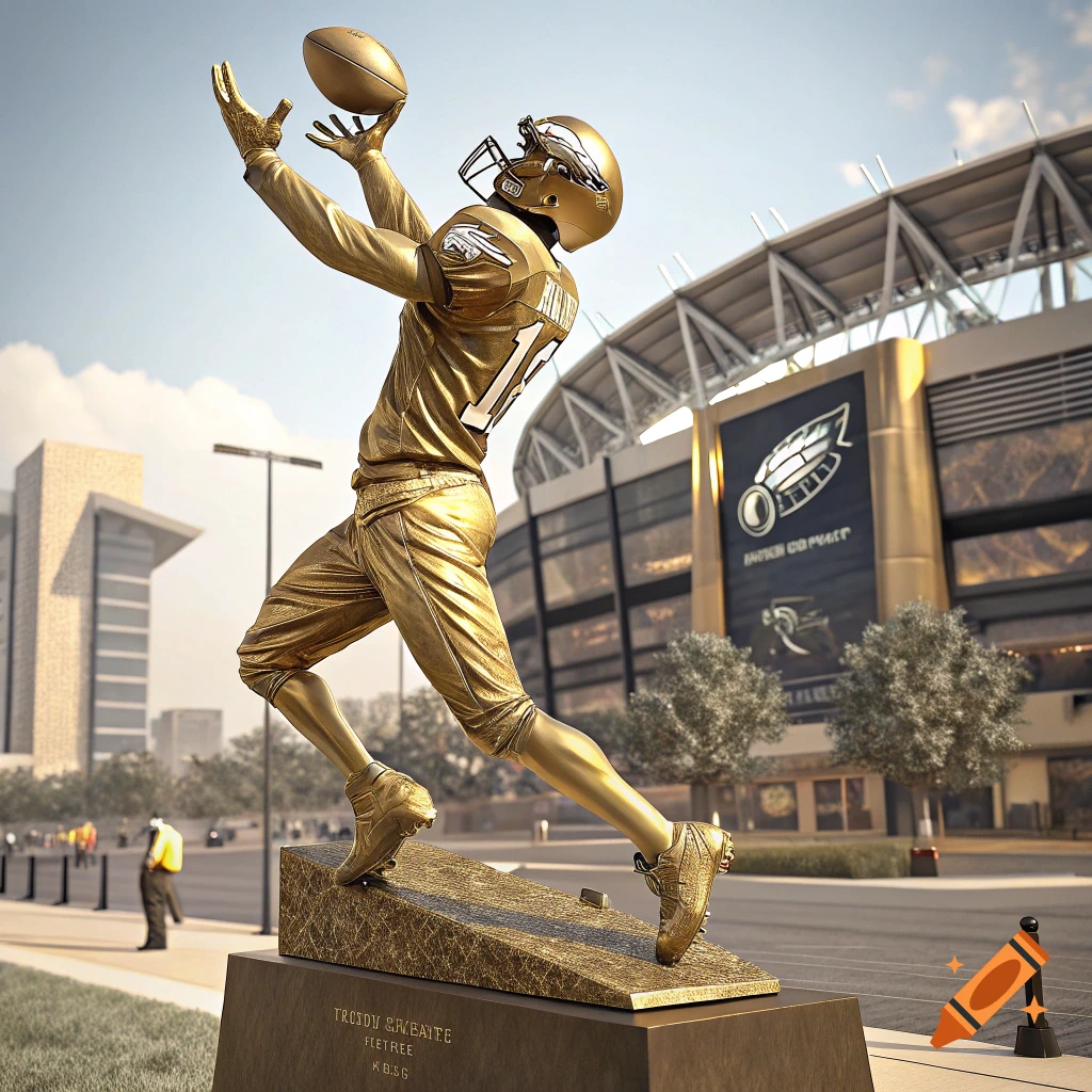 Golden statue of a football player catching a pass outside a stadium ...