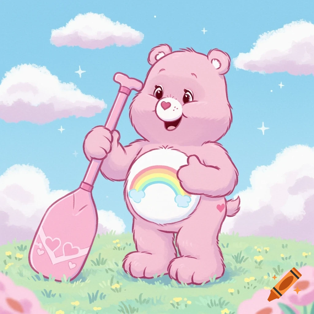 A pink Care Bear holds a paddle in a grassy field under a pastel sky in ...