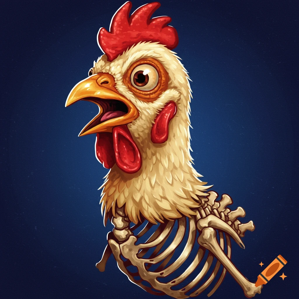Chicken skeleton body with chicken head and Starving Chicken title on Craiyon