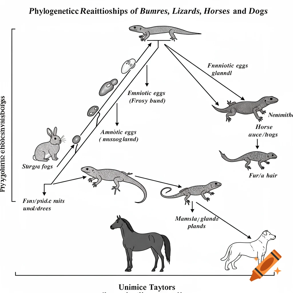Cladogram of bunnies, lizards, horses, and dogs on Craiyon