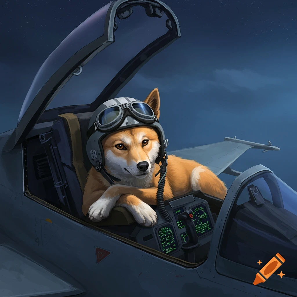 A Shiba Inu dog in a pilot's helmet and goggles sits in the cockpit of ...