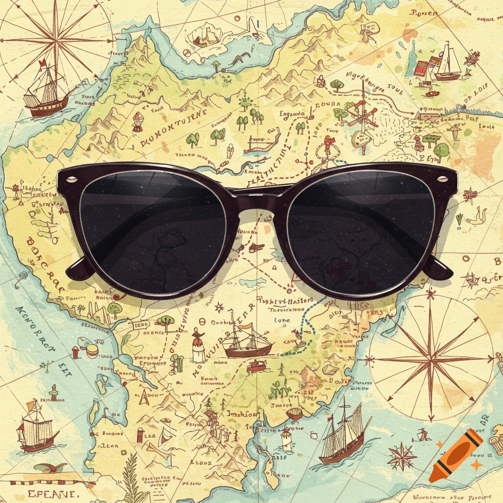 Cat eye sunglasses lie on a stylized, illustrated map. on Craiyon