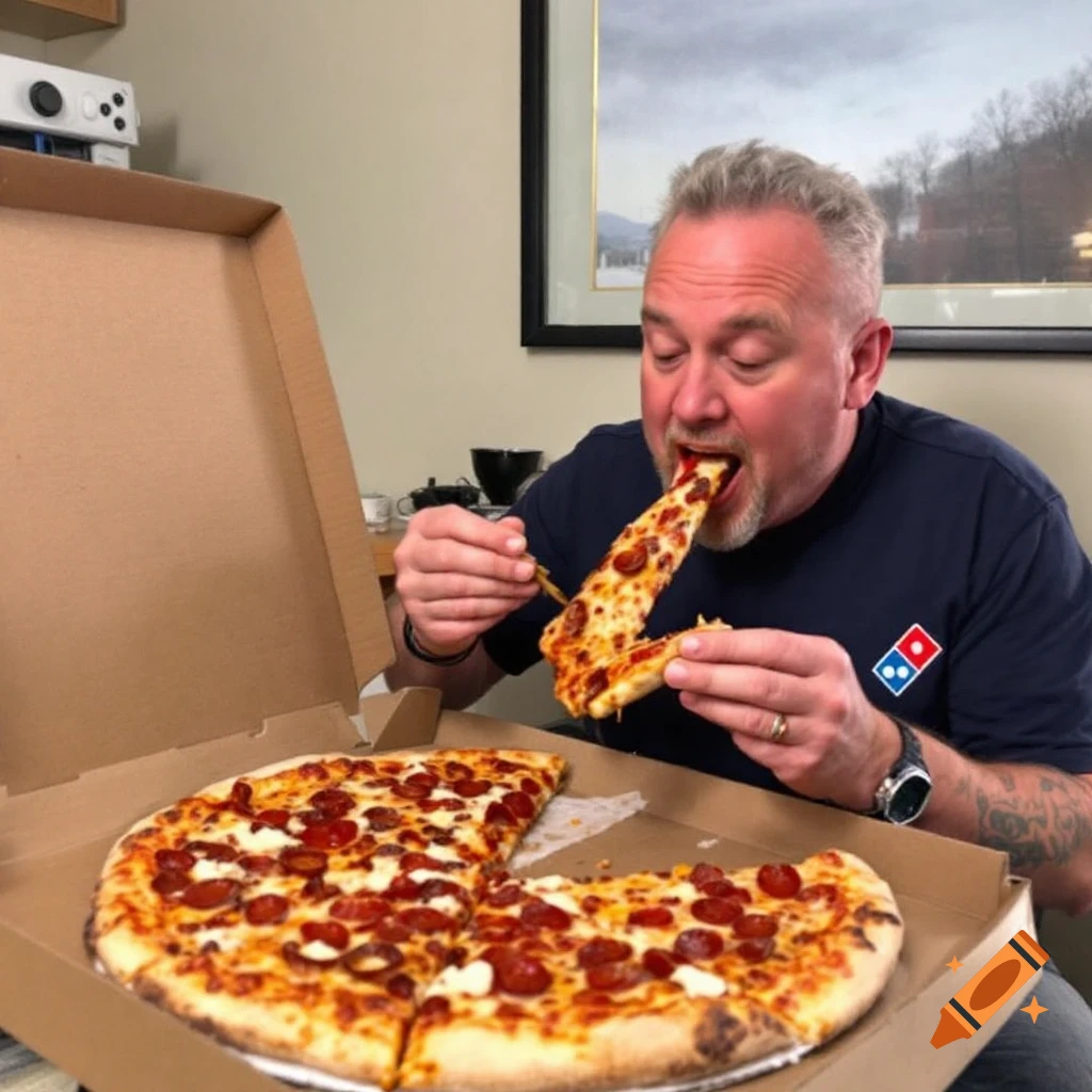 Man eating a slice of pepperoni pizza on a beach at sunset. on Craiyon