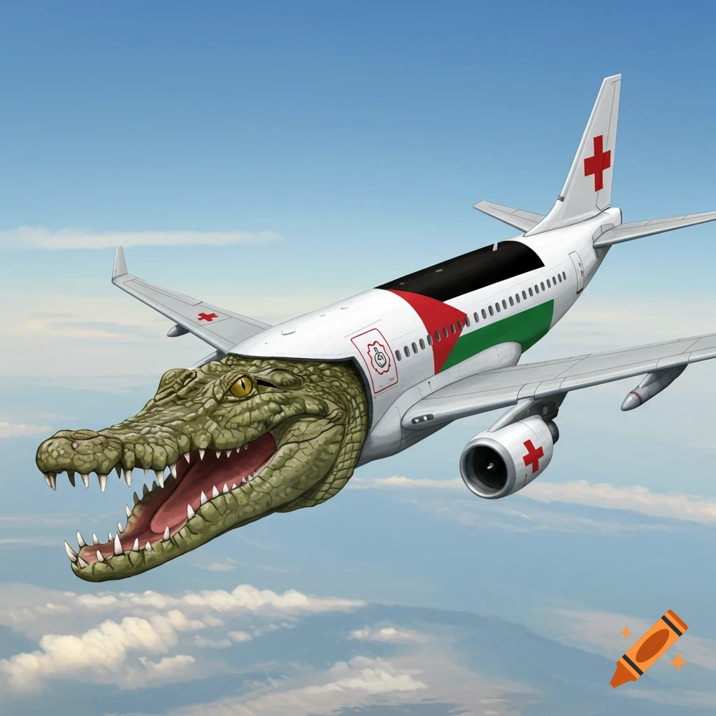 Airplane with crocodile head and Palestinian flag, Red Cross symbol on ...