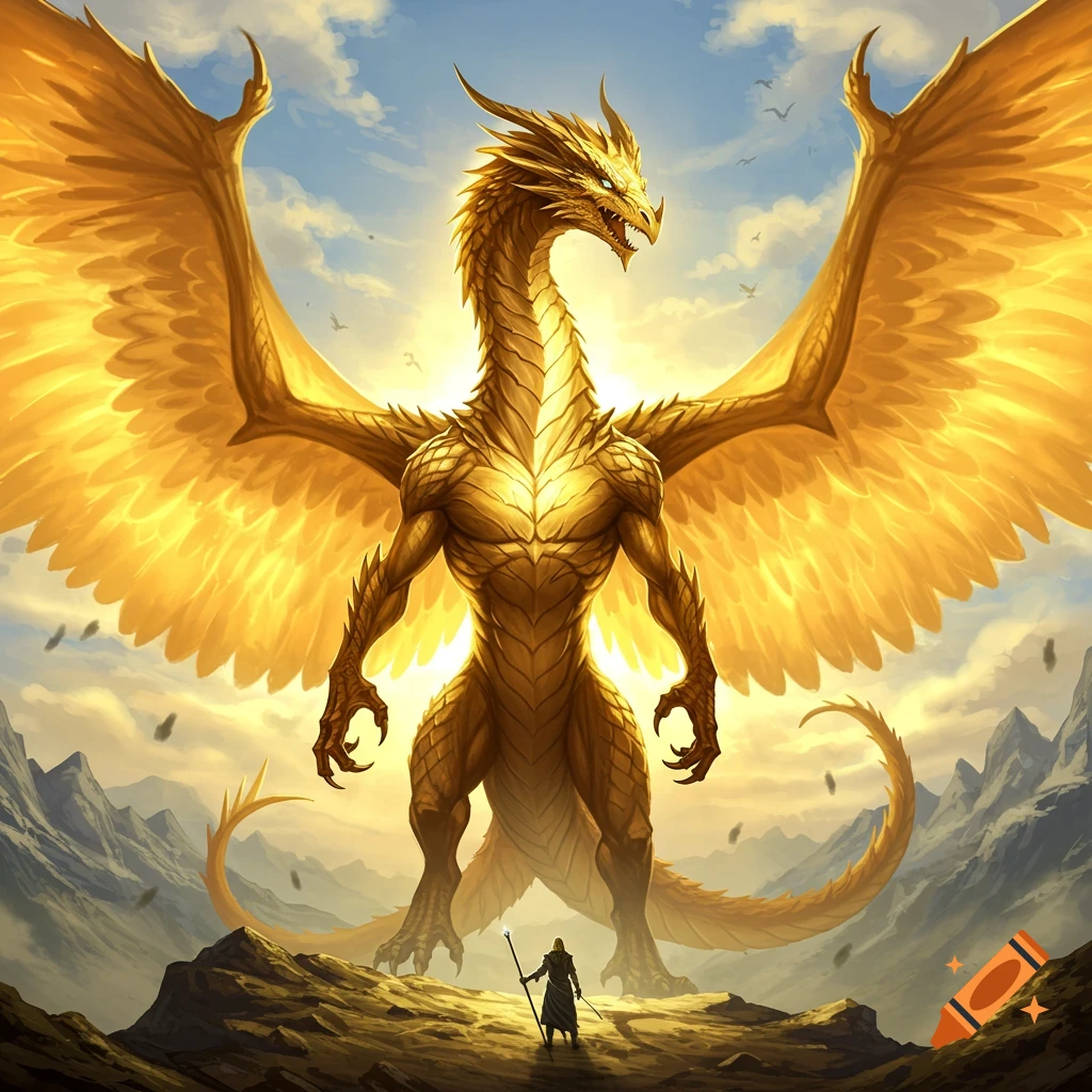 Majestic golden dragon with blue eyes and large wings on Craiyon