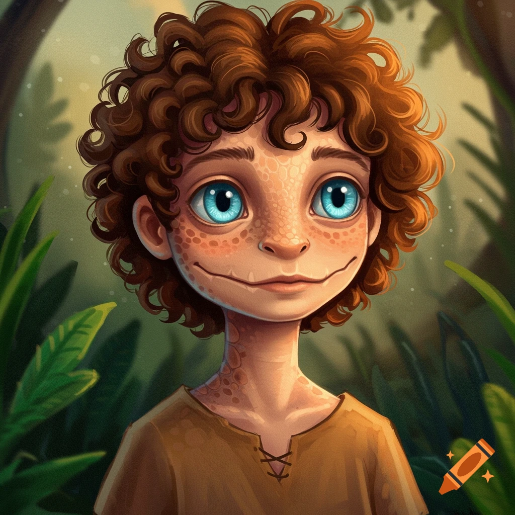 Lizard boy with curly brown hair, blue eyes, and white skin on Craiyon