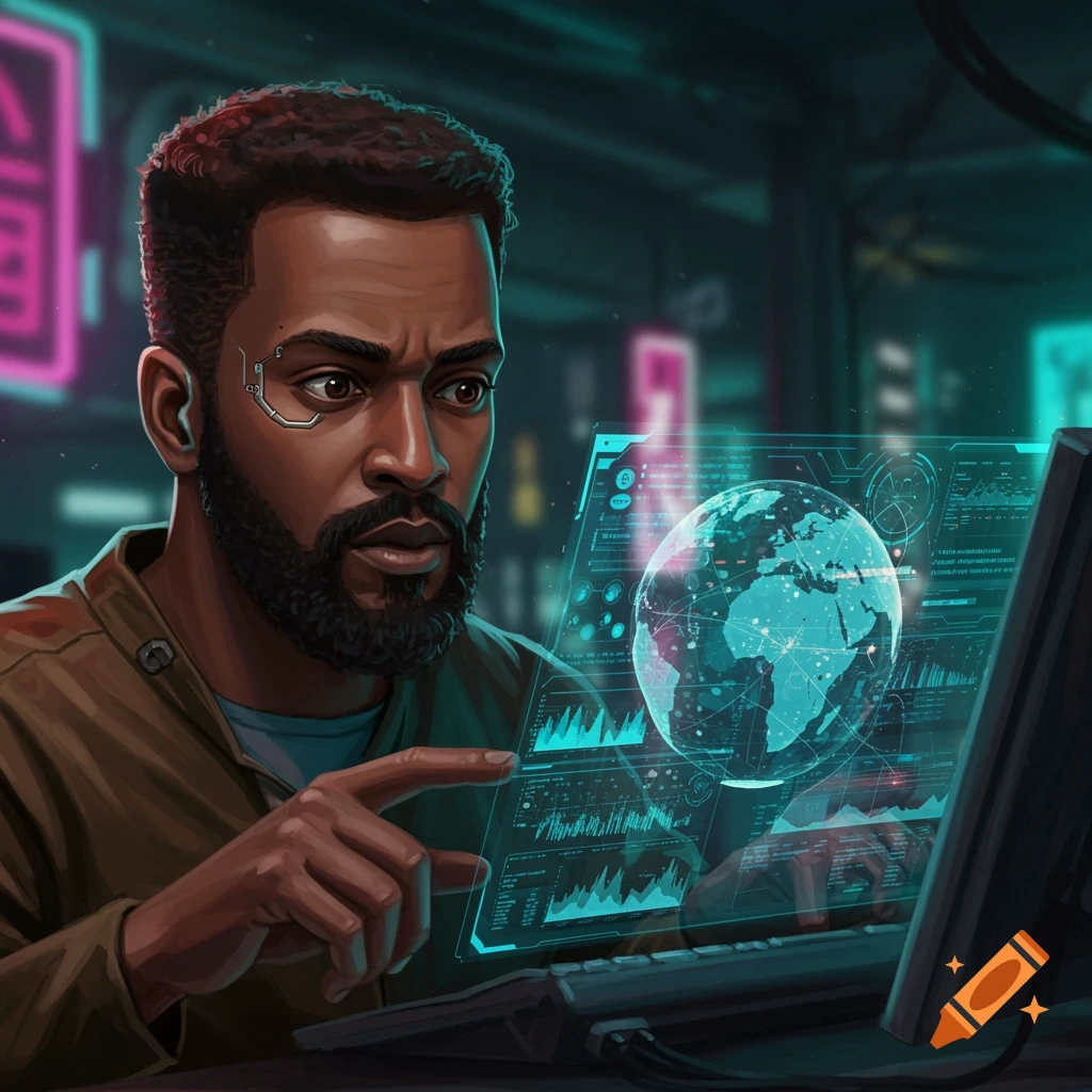 A man in a cyberpunk setting interacting with a futuristic computer ...