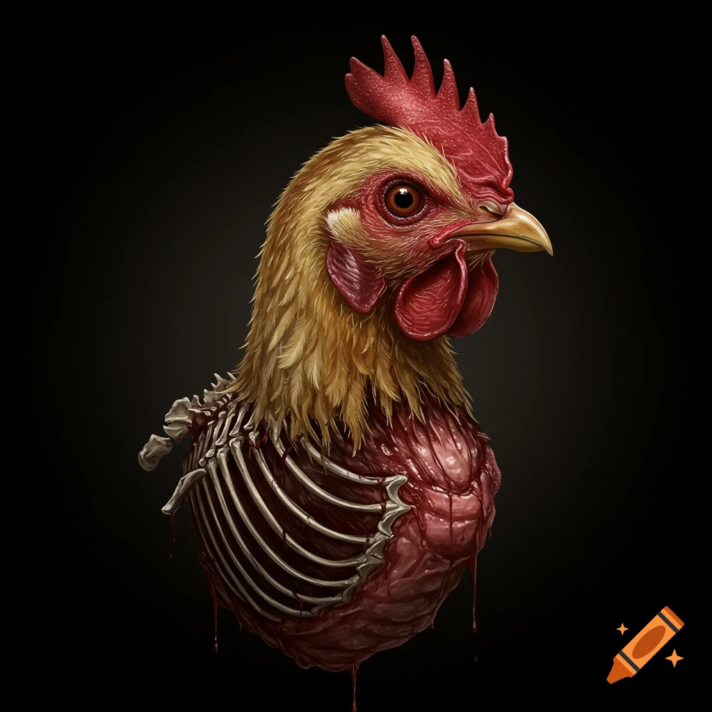 Chicken head with chicken skeleton body and 'Starving Chicken' title ...