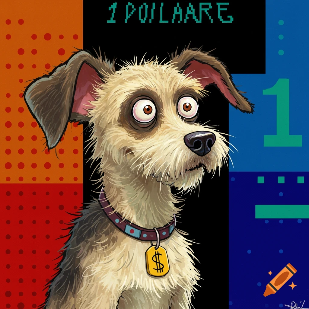 A scruffy dog wears a collar with a dollar sign tag. on Craiyon