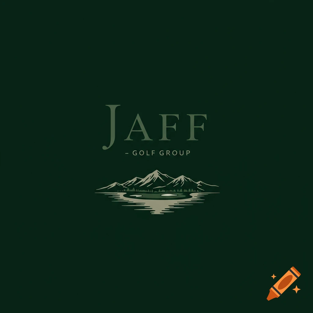 Jaff golf group logo featuring golf course, mountains, and water on Craiyon