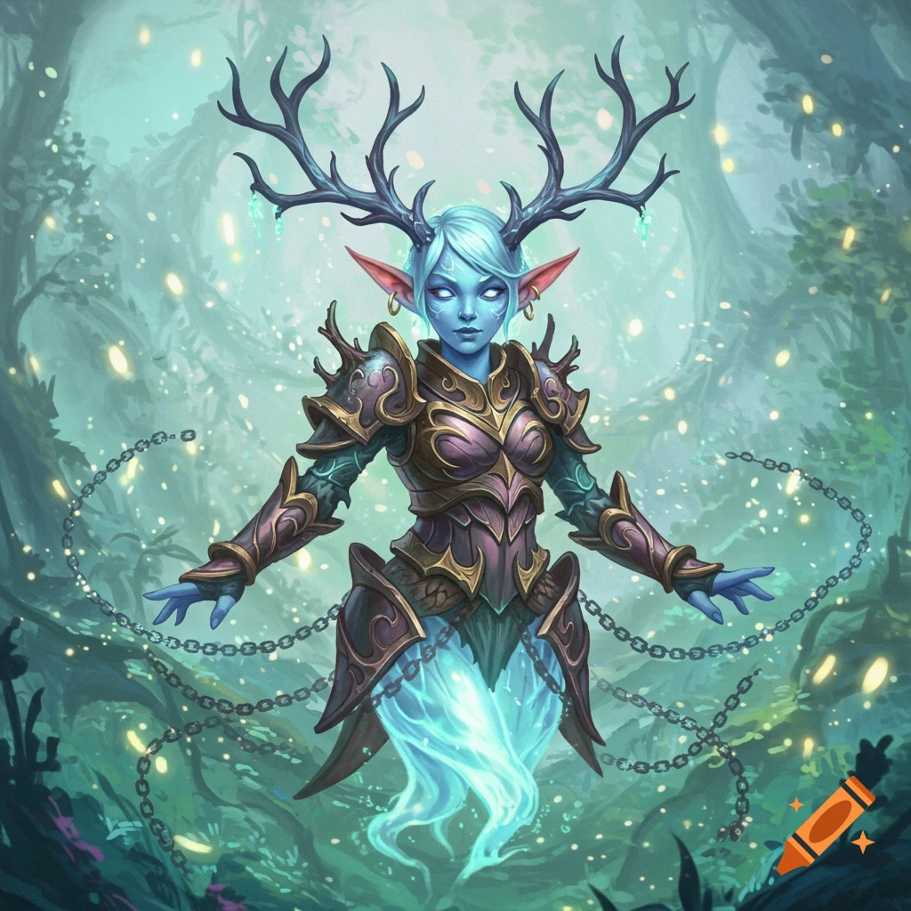 A fantasy illustration of a female druid with white hair, elf ears, and ...