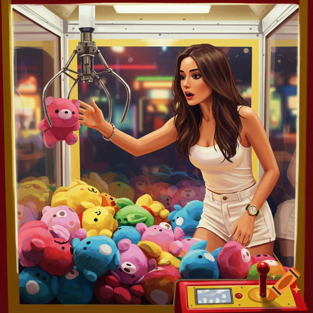 Woman in white shorts inside a claw machine on Craiyon