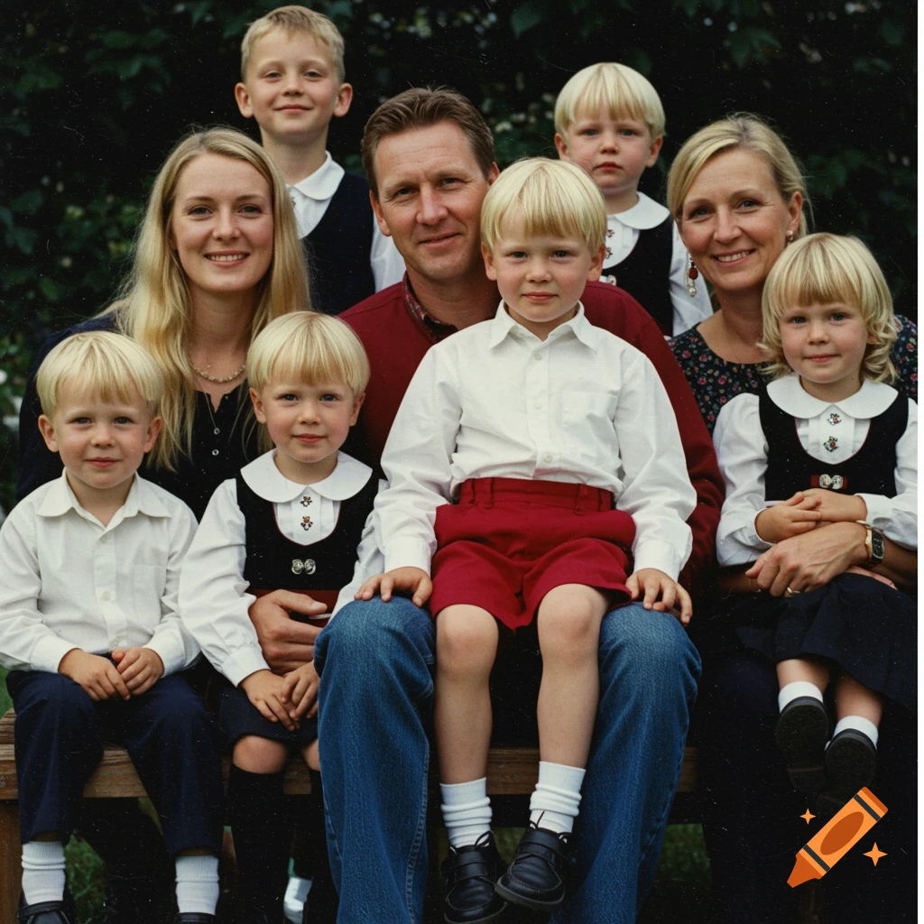 A family portrait from the 1990s showing parents and several young ...