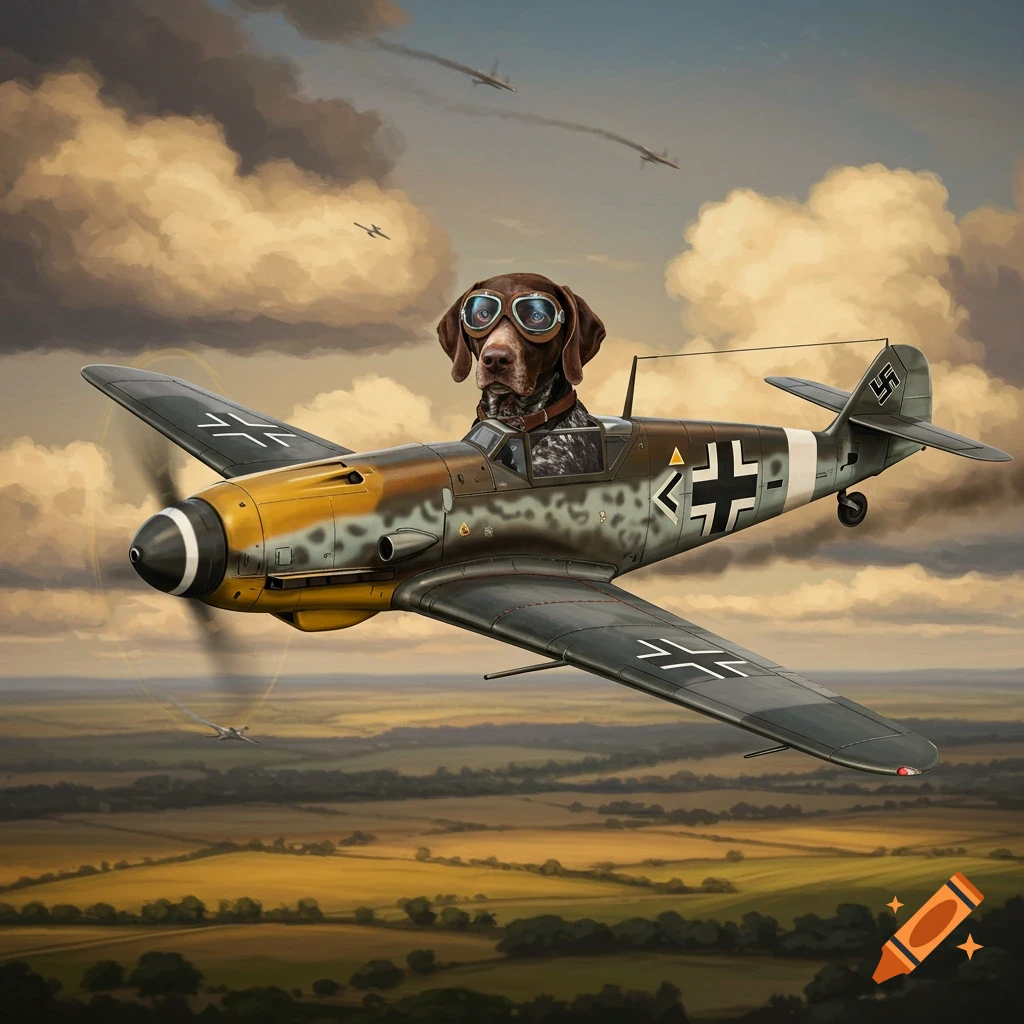 German shorthaired pointer flying WWII Messerschmitt on Craiyon