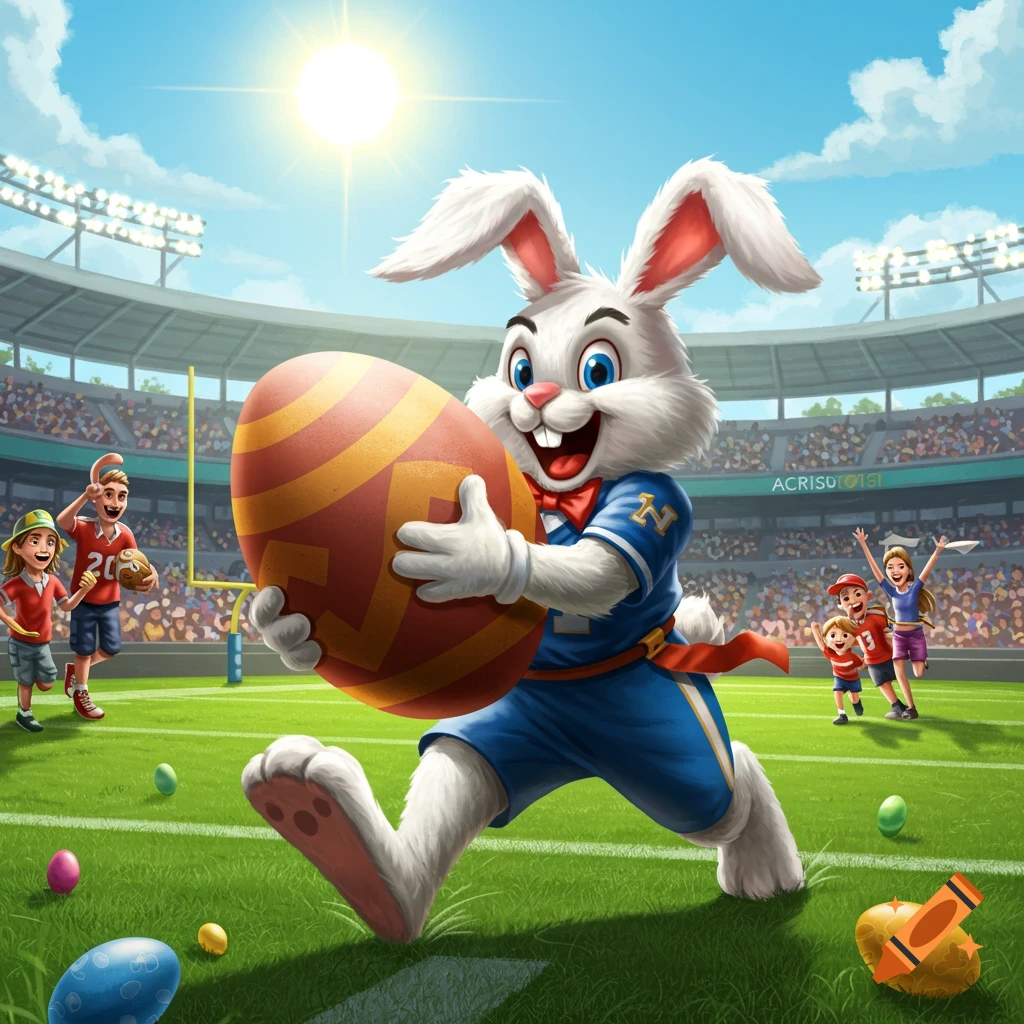 Easter bunny playing flag football with an Easter egg on Craiyon