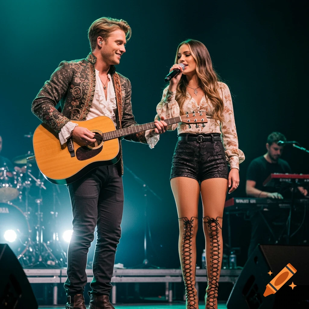 Male guitarist and female singer on stage in Renaissance-inspired ...