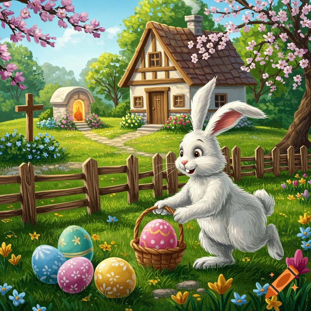 Easter bunny laying Easter eggs in Jesus' yard on Craiyon