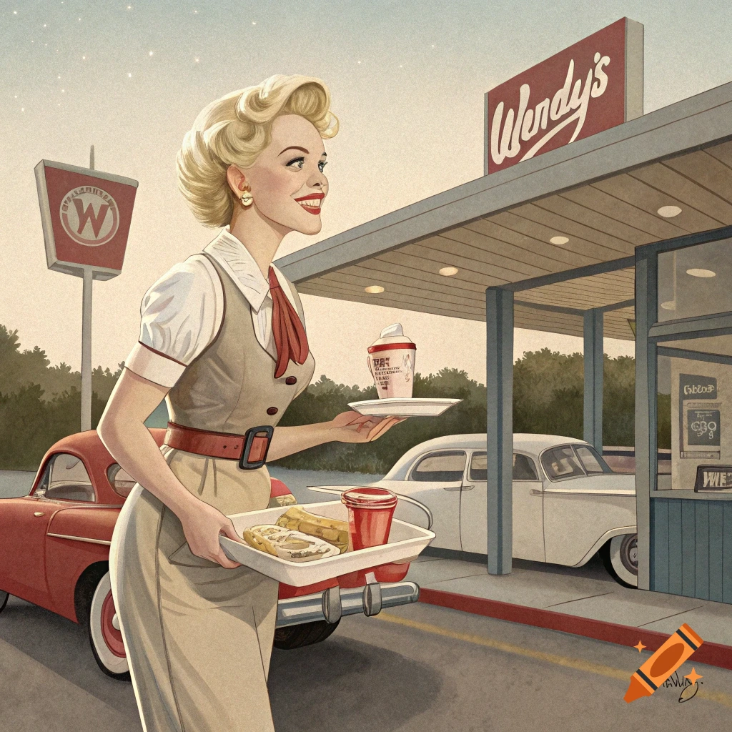 A woman in a vintage waitress uniform and roller skates holds a drink ...