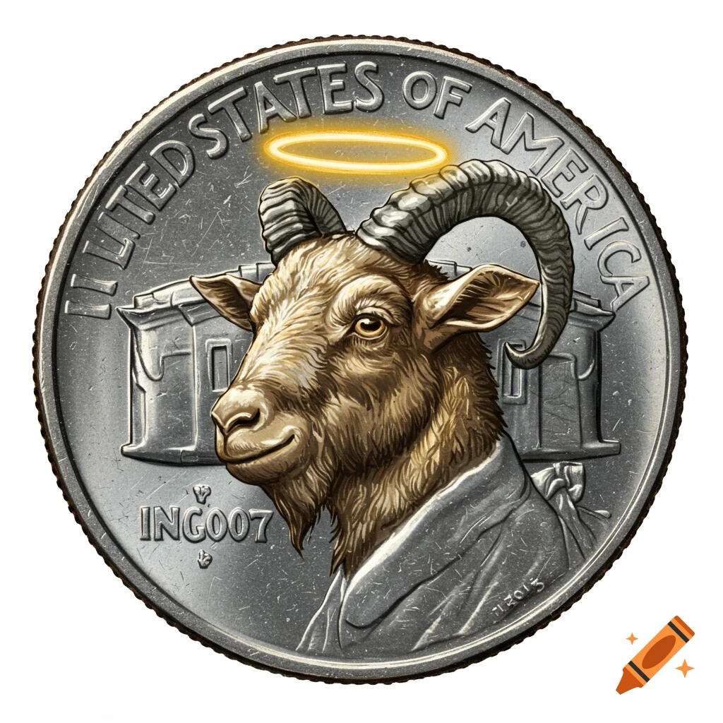 Nickel with a goat head wearing an angel's halo on Craiyon