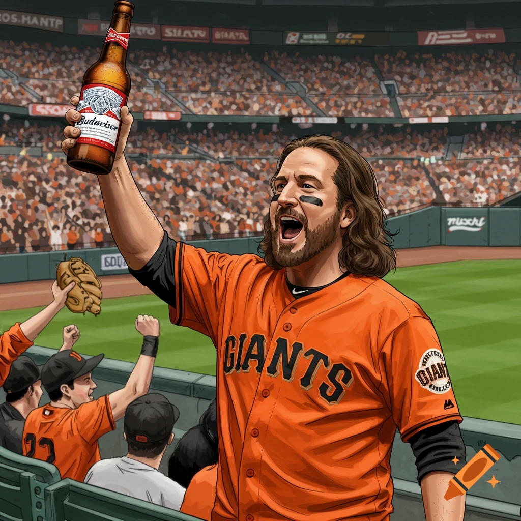 Drunk SF Giants fan with beer on Craiyon