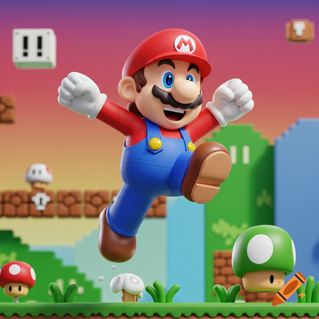 3D rendered image of Mario leaping through a vibrant Super Mario Bros. landscape with blocks ...