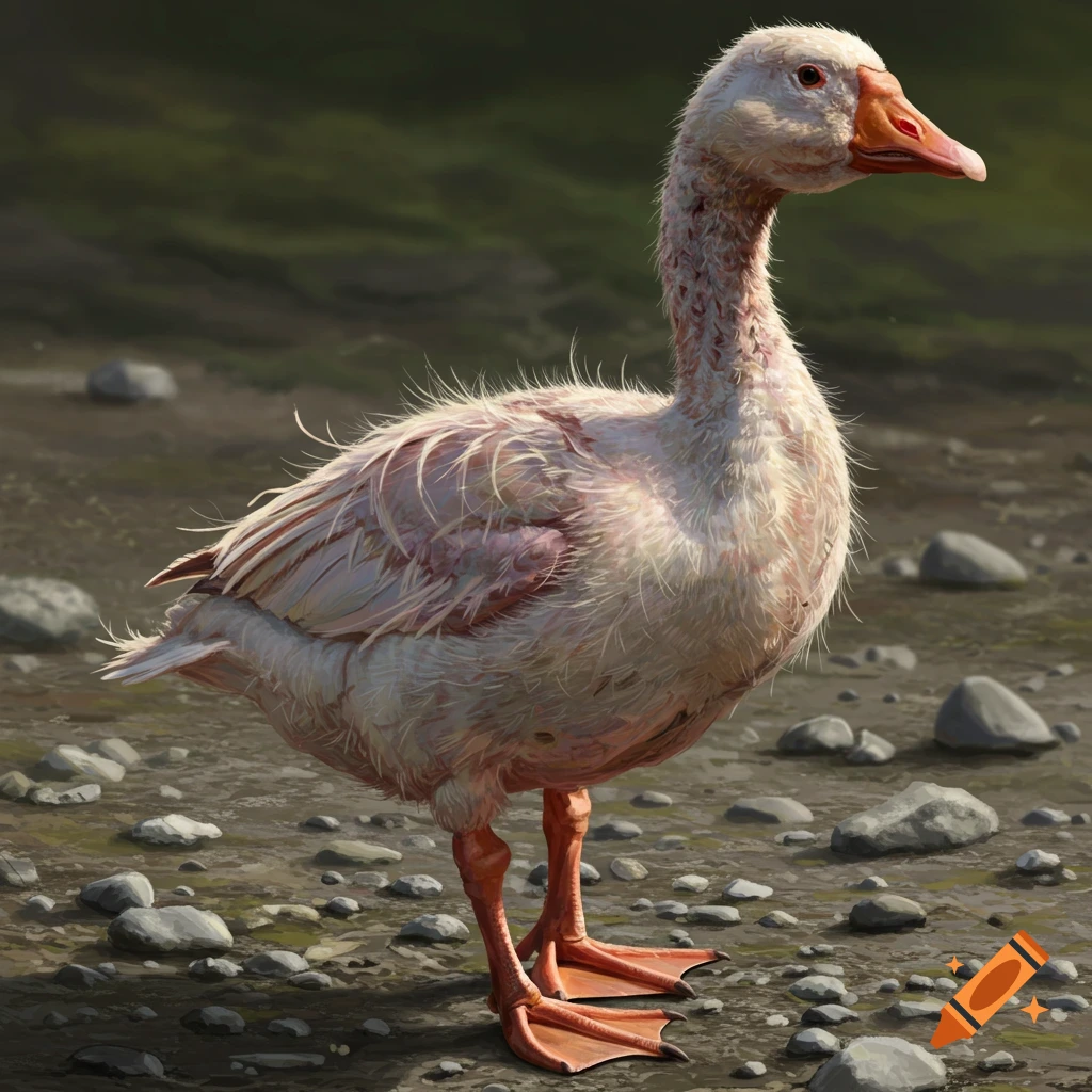 Under-feathered goose on rocky ground, sparse plumage resembling ...