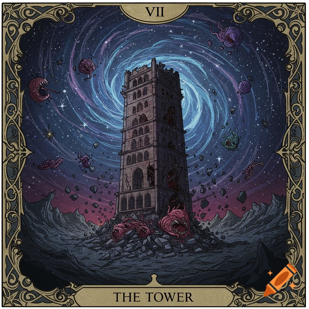 Tarot card art of a ruined tower on rocky ground under a swirling ...