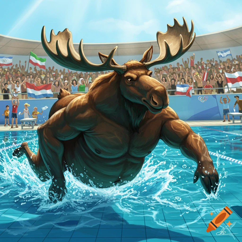 A muscular moose swims in an Olympic pool as a crowd cheers. on Craiyon