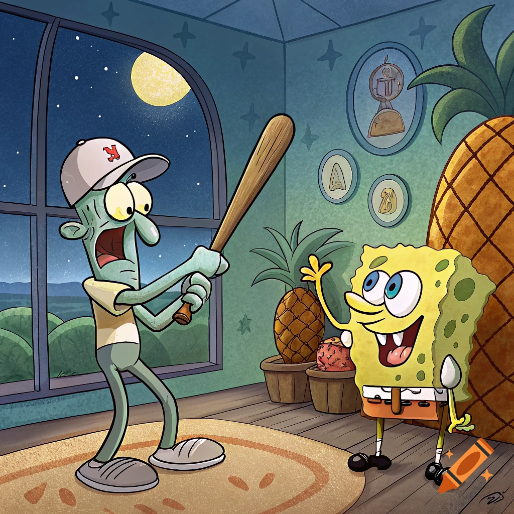 Cartoon of Squidward holding a baseball bat near SpongeBob in a room ...
