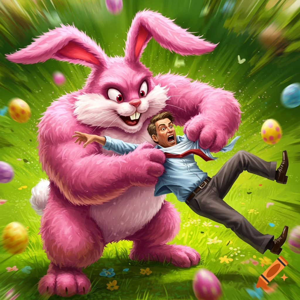 A giant pink Easter bunny tackles a man in a field filled with Easter ...