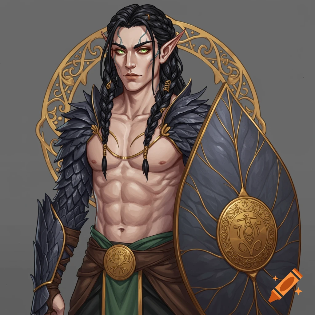 High elf cleric in Art Nouveau elven scale armor with Tymora's sigil on ...