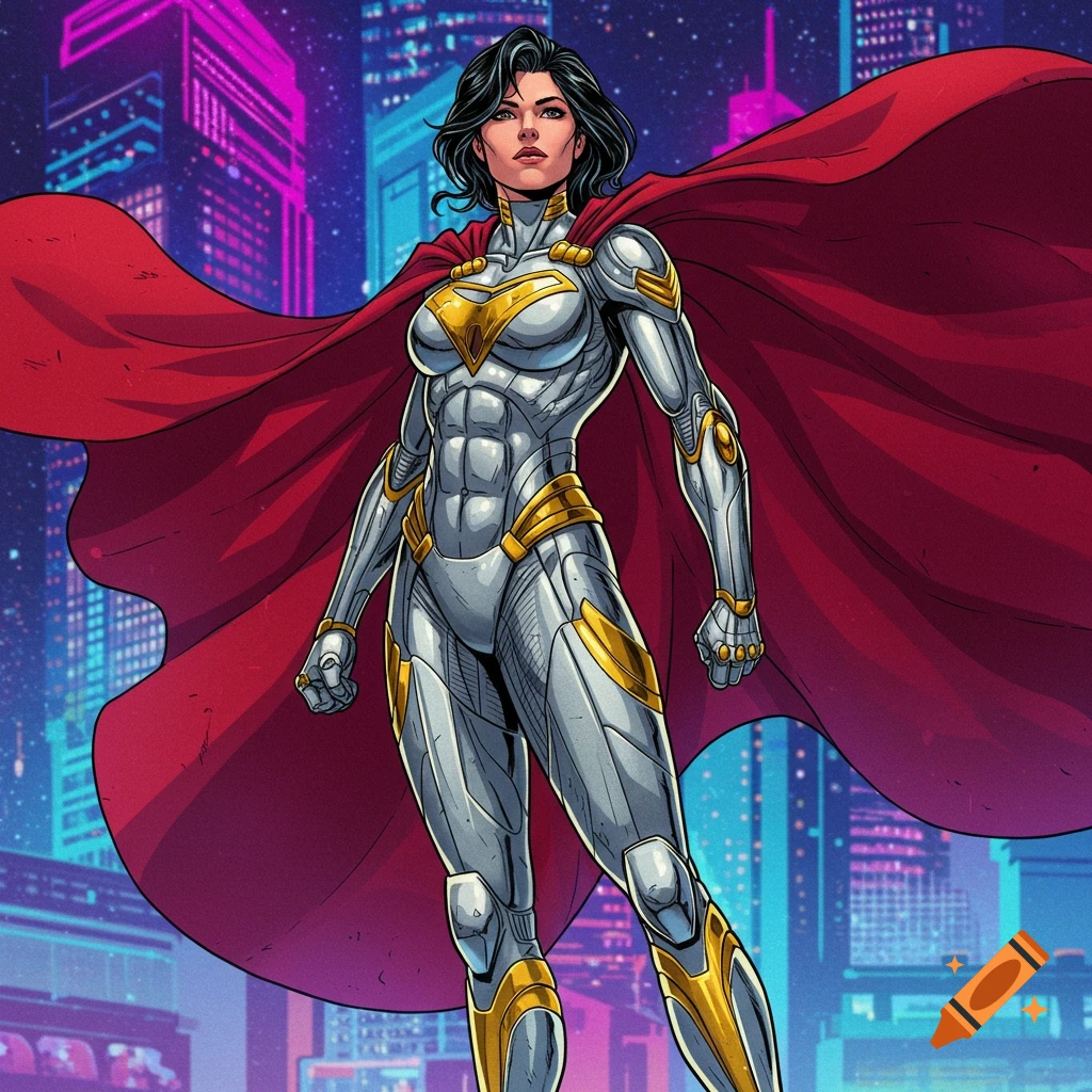 Female superhero in silver and gold supersuit with red cape on Craiyon