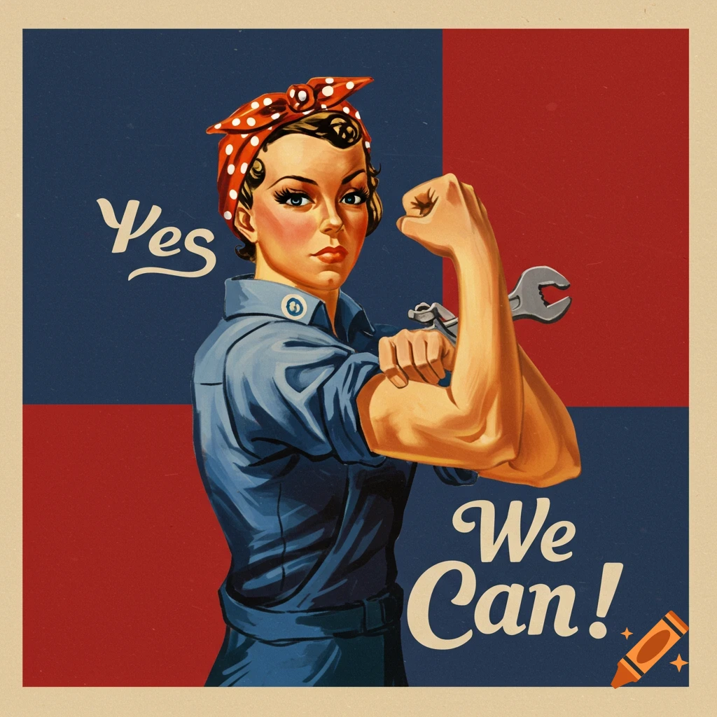 Vintage style poster of a woman in a red bandana flexing her arm with ...