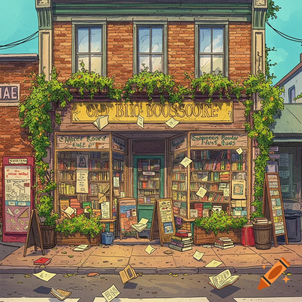 Whimsical bookstore with brick and lumber on Craiyon