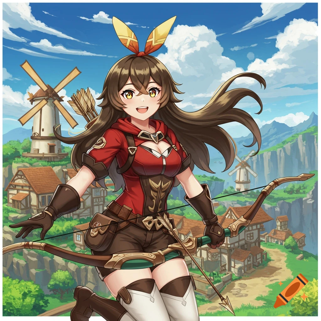 Anime of Amber from Genshin Impact holding a bow in a fantasy village ...