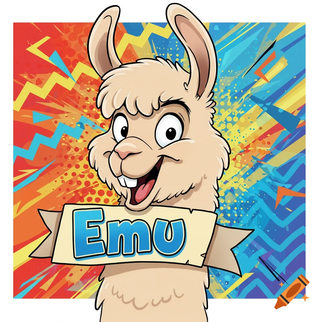 Looney Toons style llama head with 'emu' banner on Craiyon