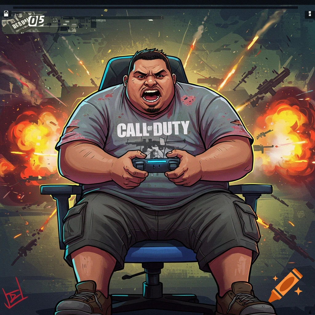 Cartoon of an intense gamer playing Call of Duty with explosions and ...