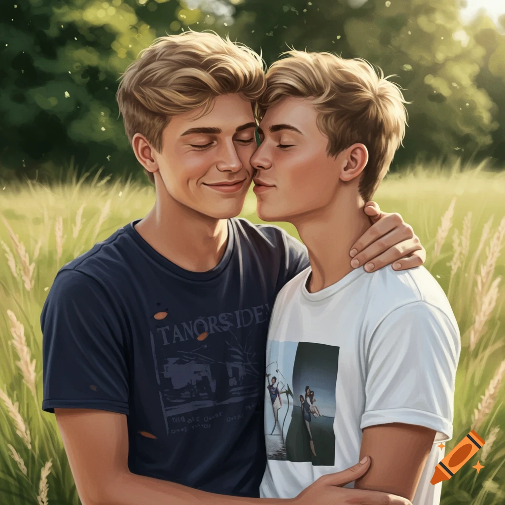 Two men embracing and kissing in a park at night. on Craiyon