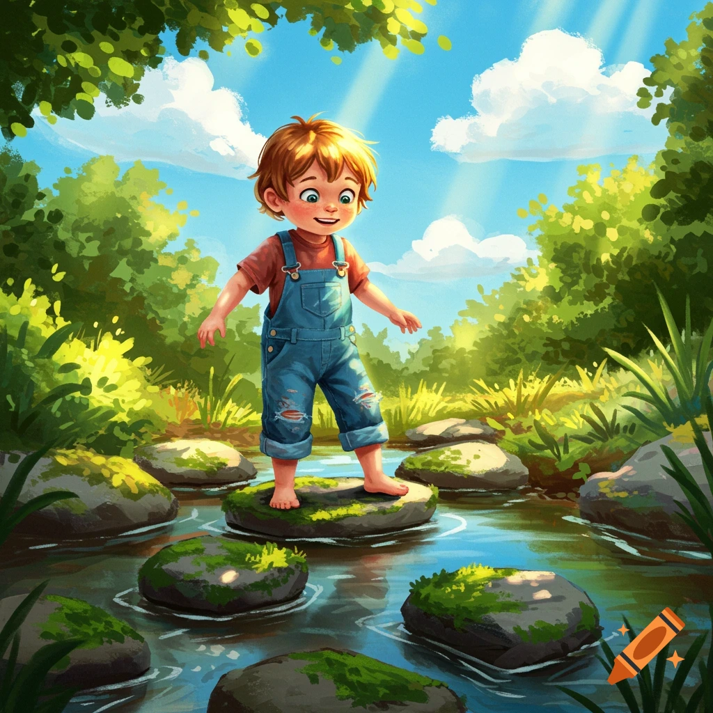 Blonde boy jumping in a puddle in Carl Larsson style watercolor and ink ...