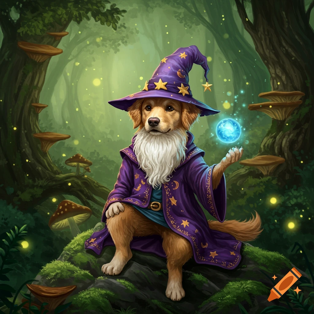 A golden retriever wizard holding a blue orb in a forest. on Craiyon