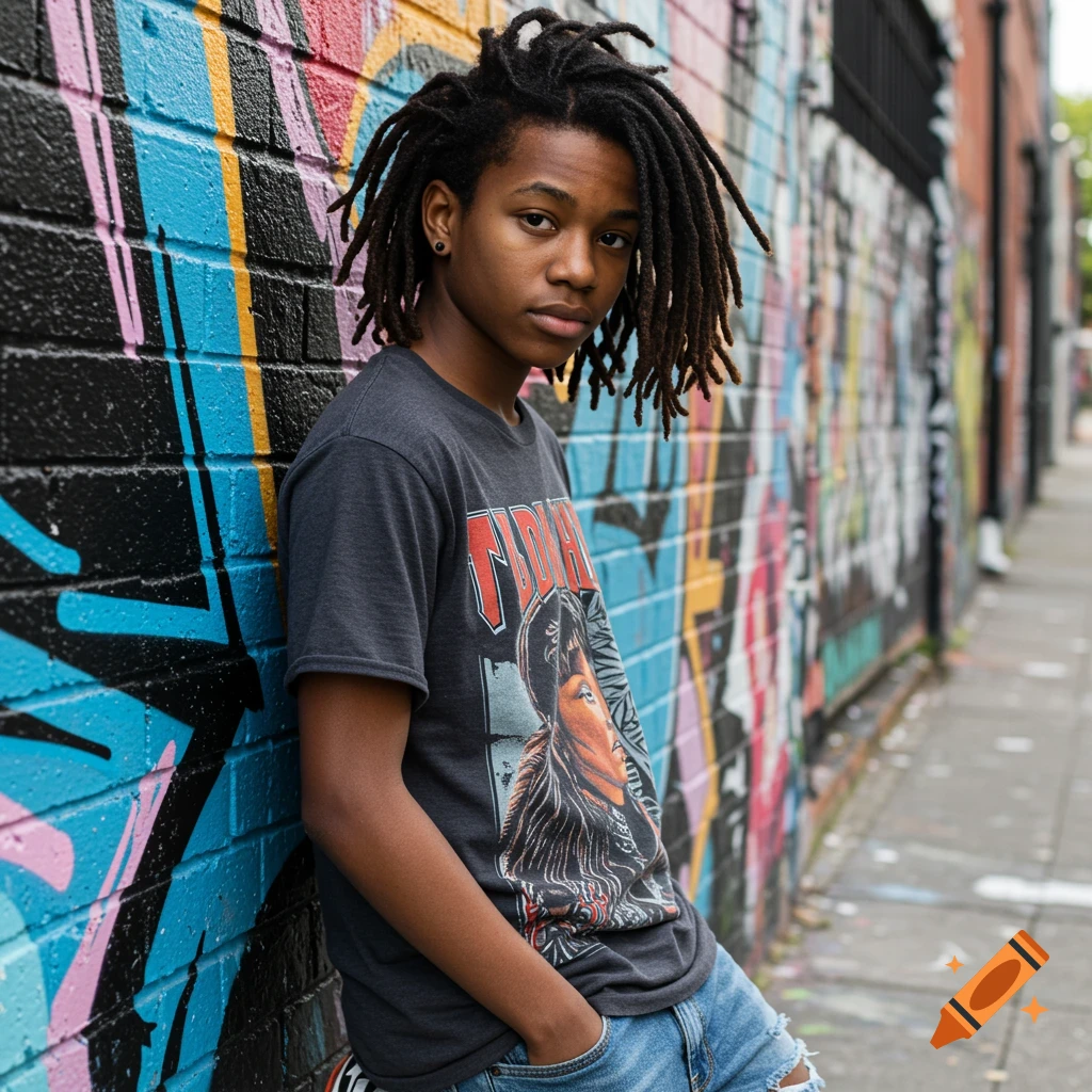 Black teenager with single dreadlock above right eye, drawing on Craiyon