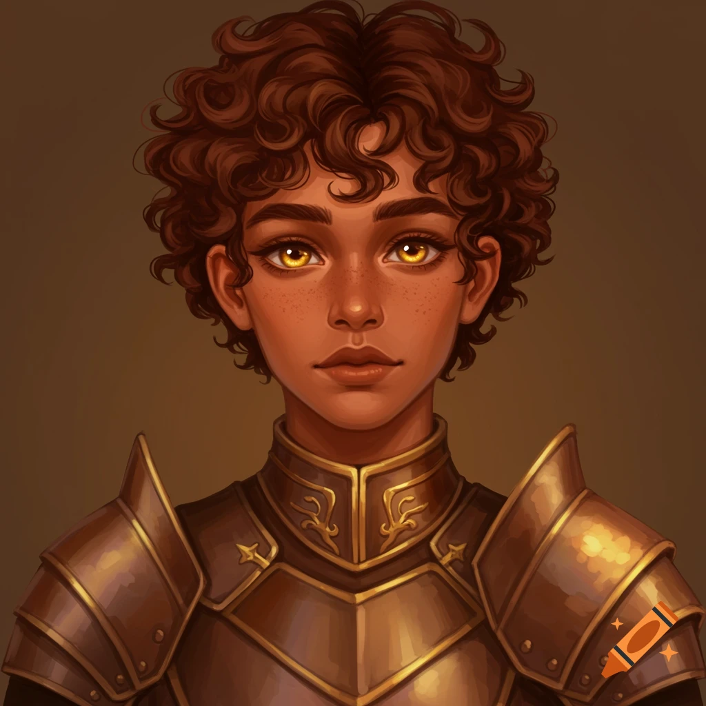 Teenage knight with brown curly hair and gold eyes on Craiyon