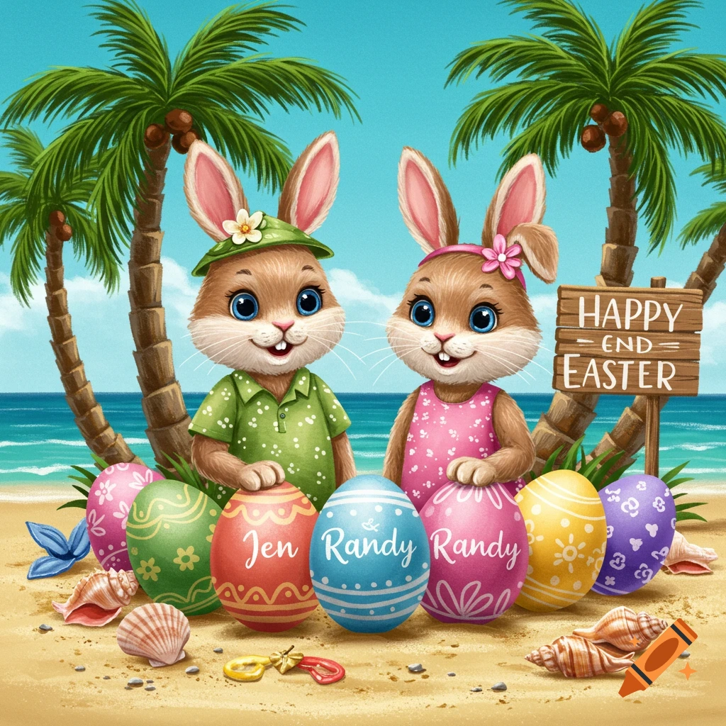Easter Bunnies on beach with personalized Easter eggs and Happy Easter ...